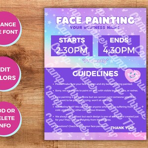 Face Painting Guidelines , Face Paint Rules Sign, Face Painting Sign ...