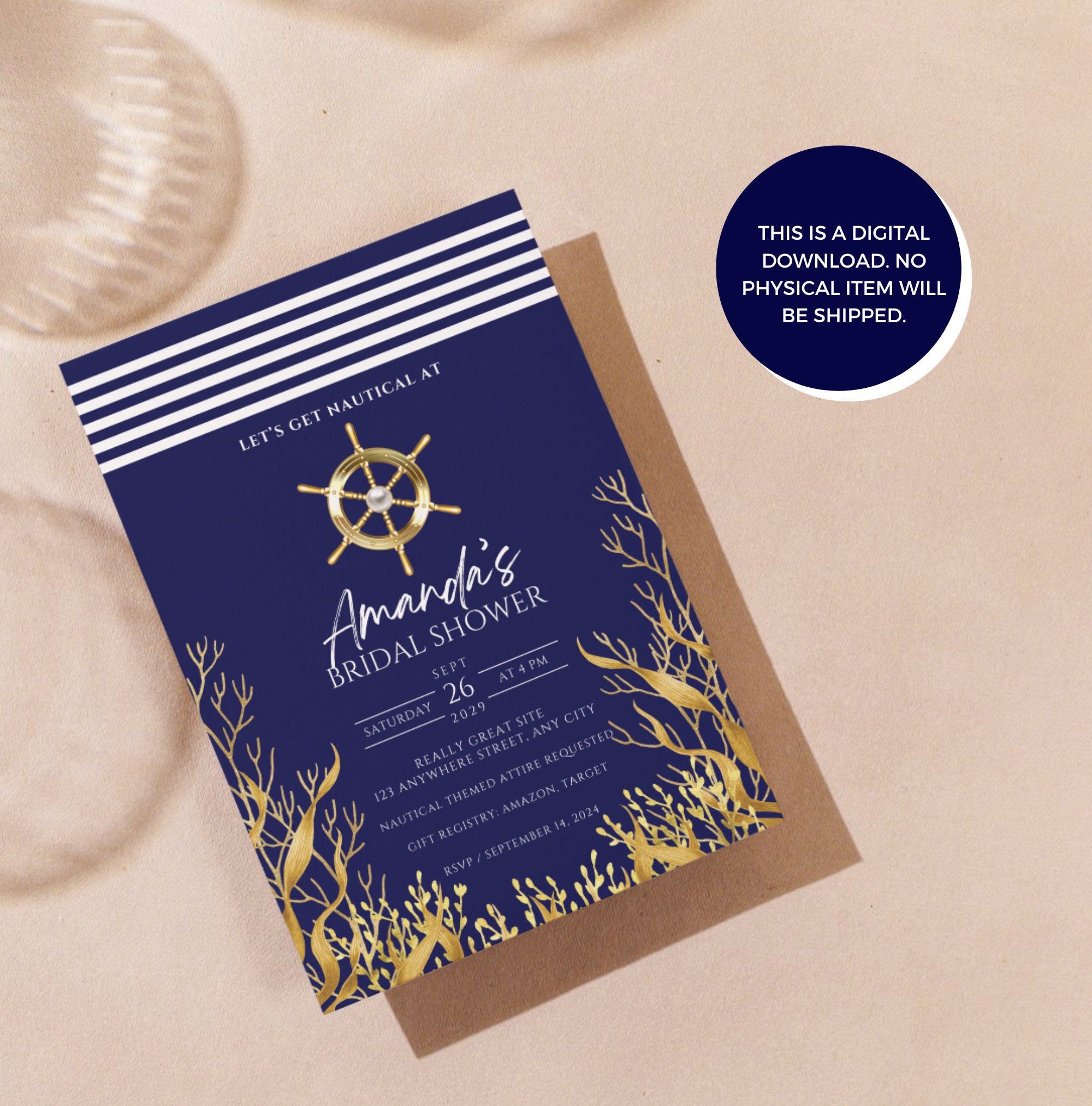 Nautical Bridal Shower Invite, Nautical Wedding Theme, Blue and Gold ...