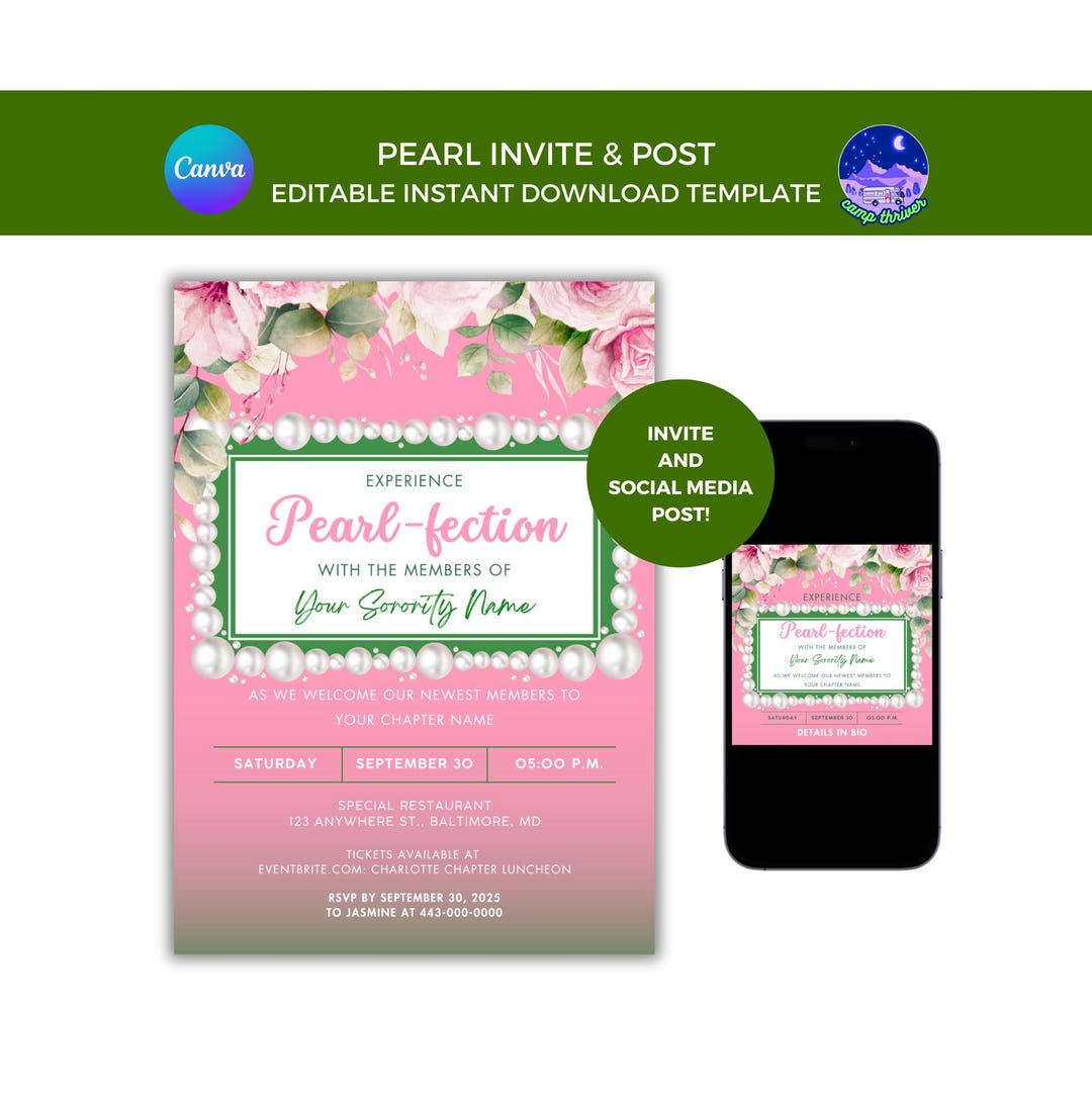 Sorority Probate Invitation: Pink and Green Pearl Design (digital ...