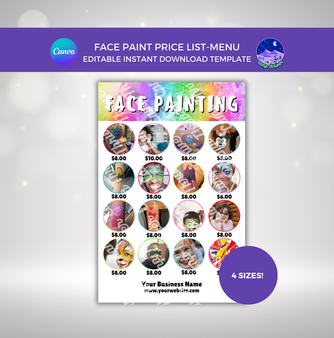 Face Paint Sign Template, Face Painter Price List, Face Painting Price ...