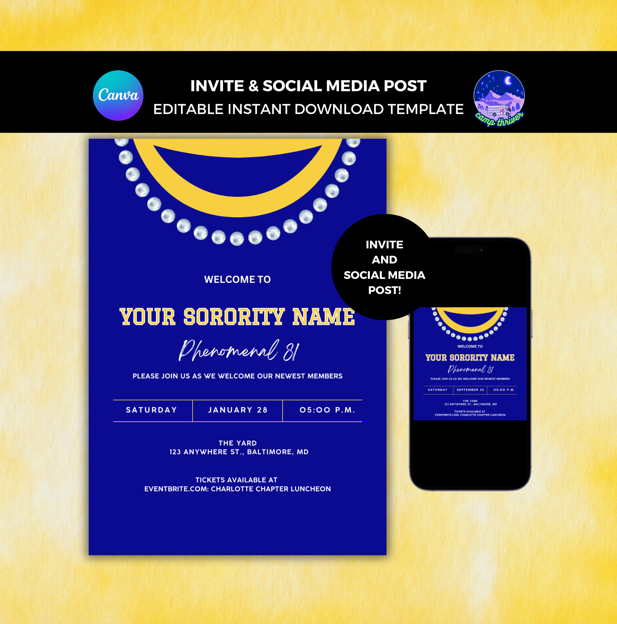 Sorority Recruitment Flyer: Blue and Gold Probate Invite, Social Media ...