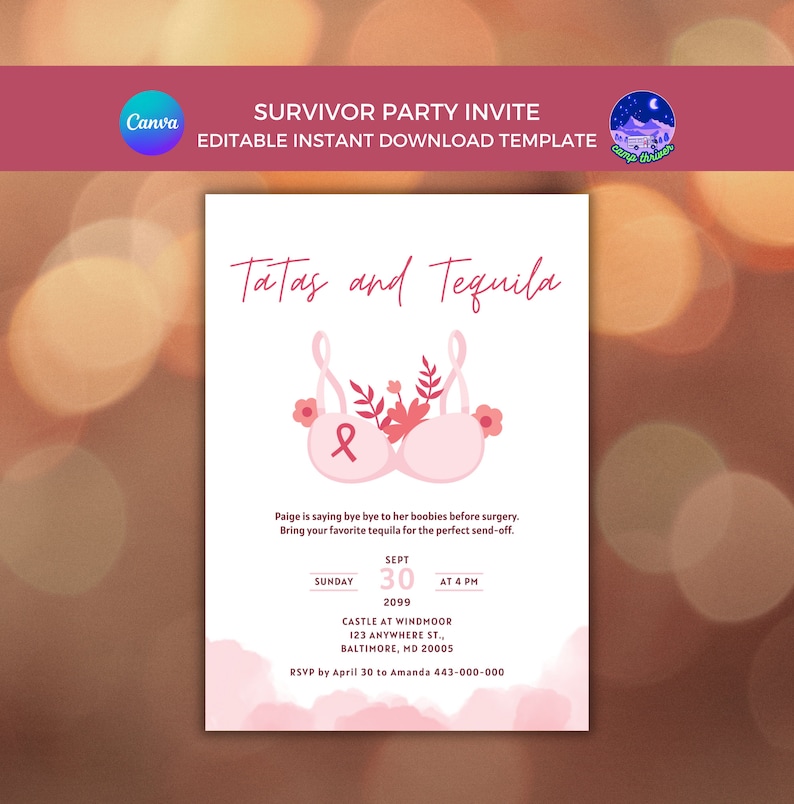 Breast Cancer Survivor Party Invite: Editable Template (digital ...