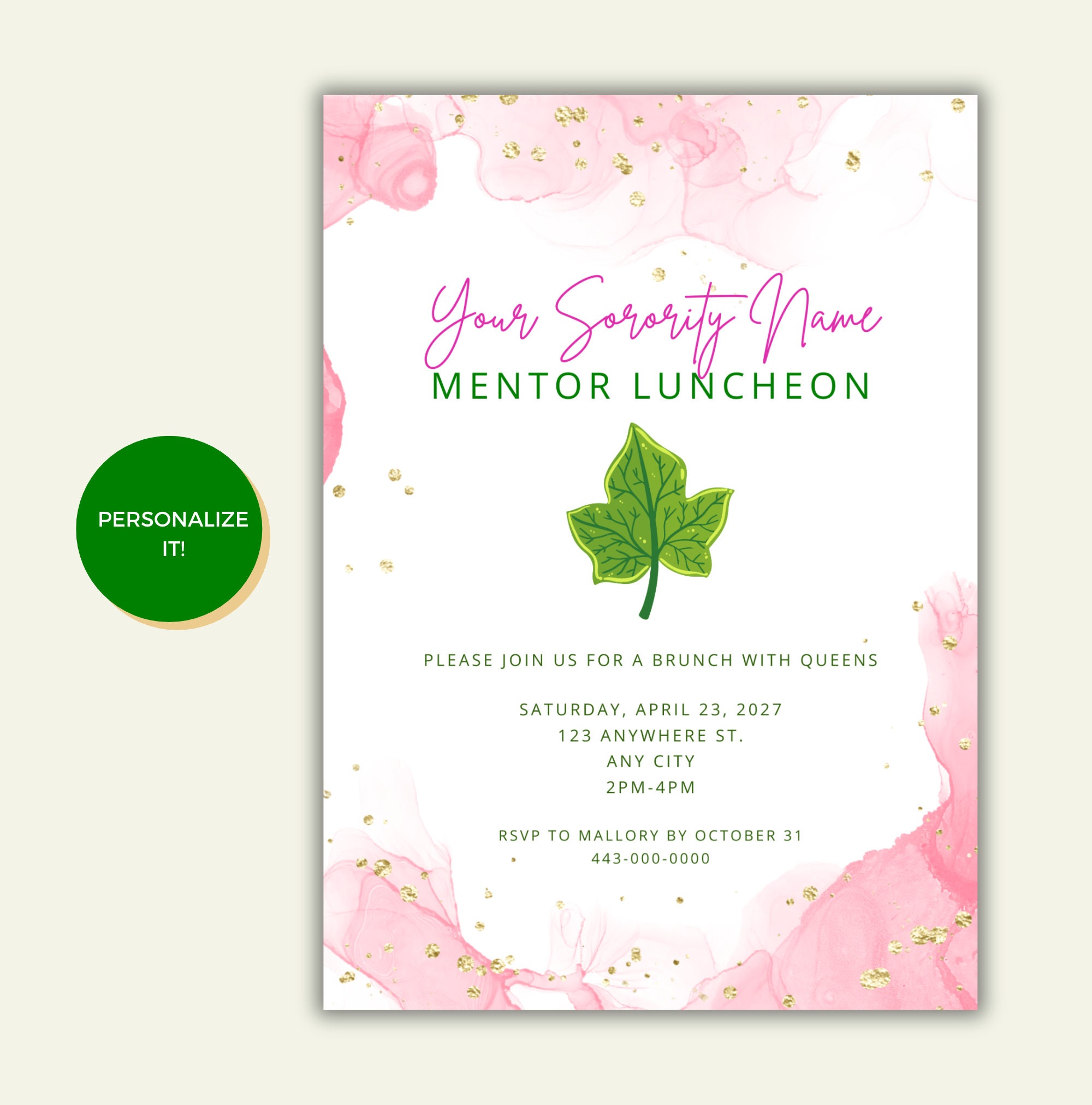 Sorority Flyer, Brunch Invitation Template, Pink and Green Invitation ...