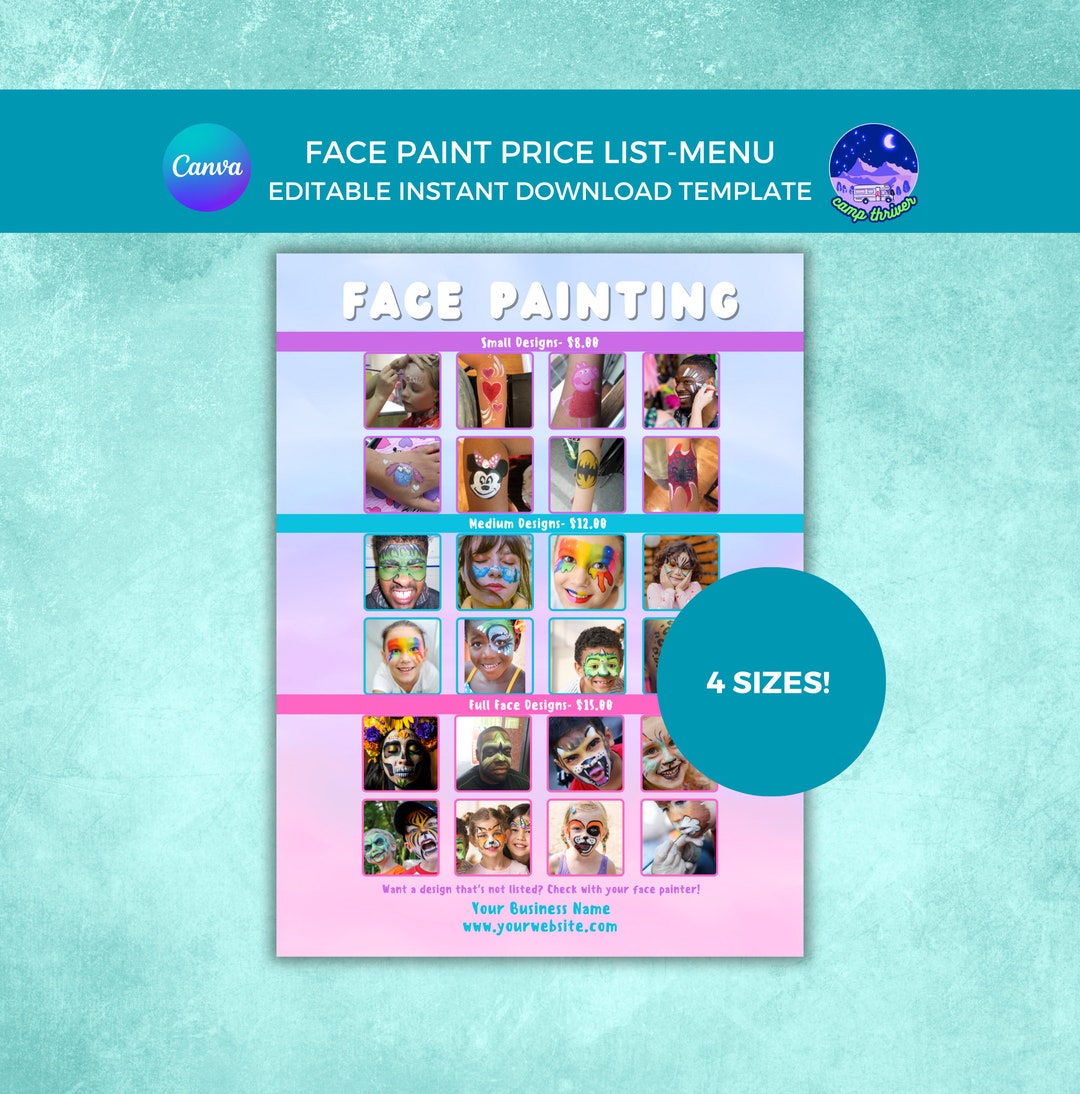 Face Paint Price List Template: Editable Menu Sign (digital Download ...