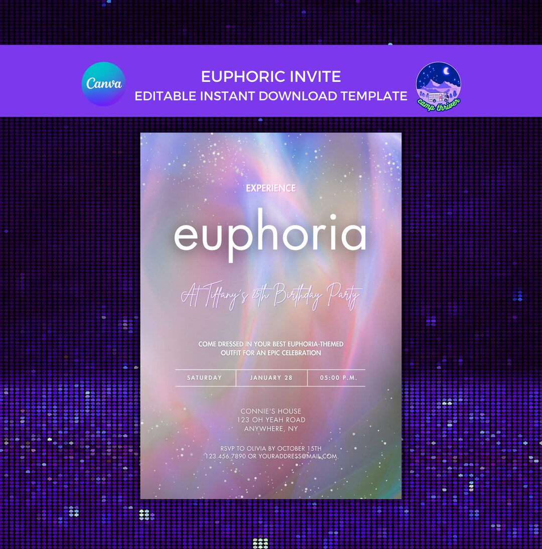 Editable Euphoria Birthday Invitation: Rave Glow Disco Party (digital ...