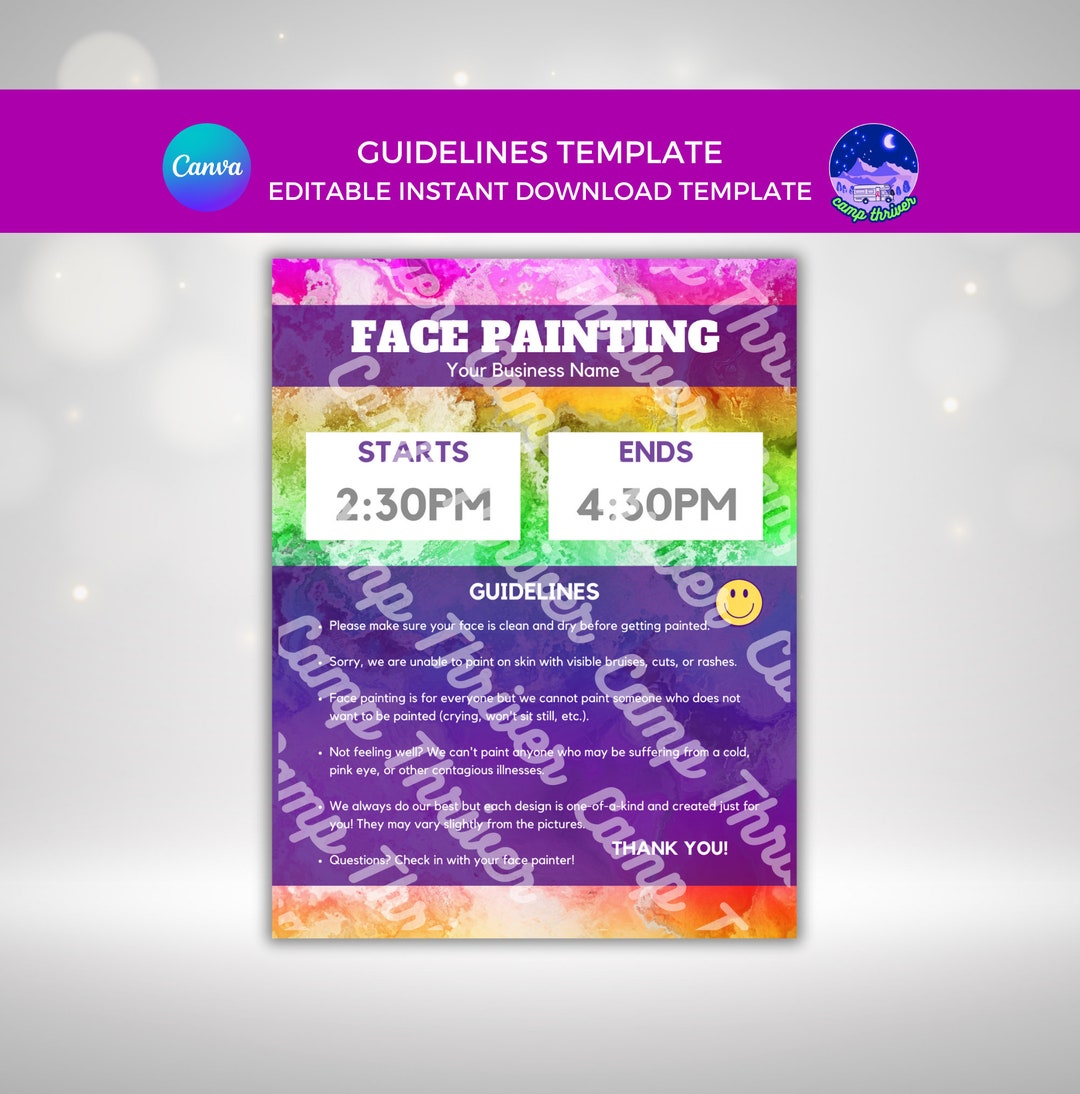 Face Painting Rules, Face Painting Sign, Face Paint Flyer Template ...
