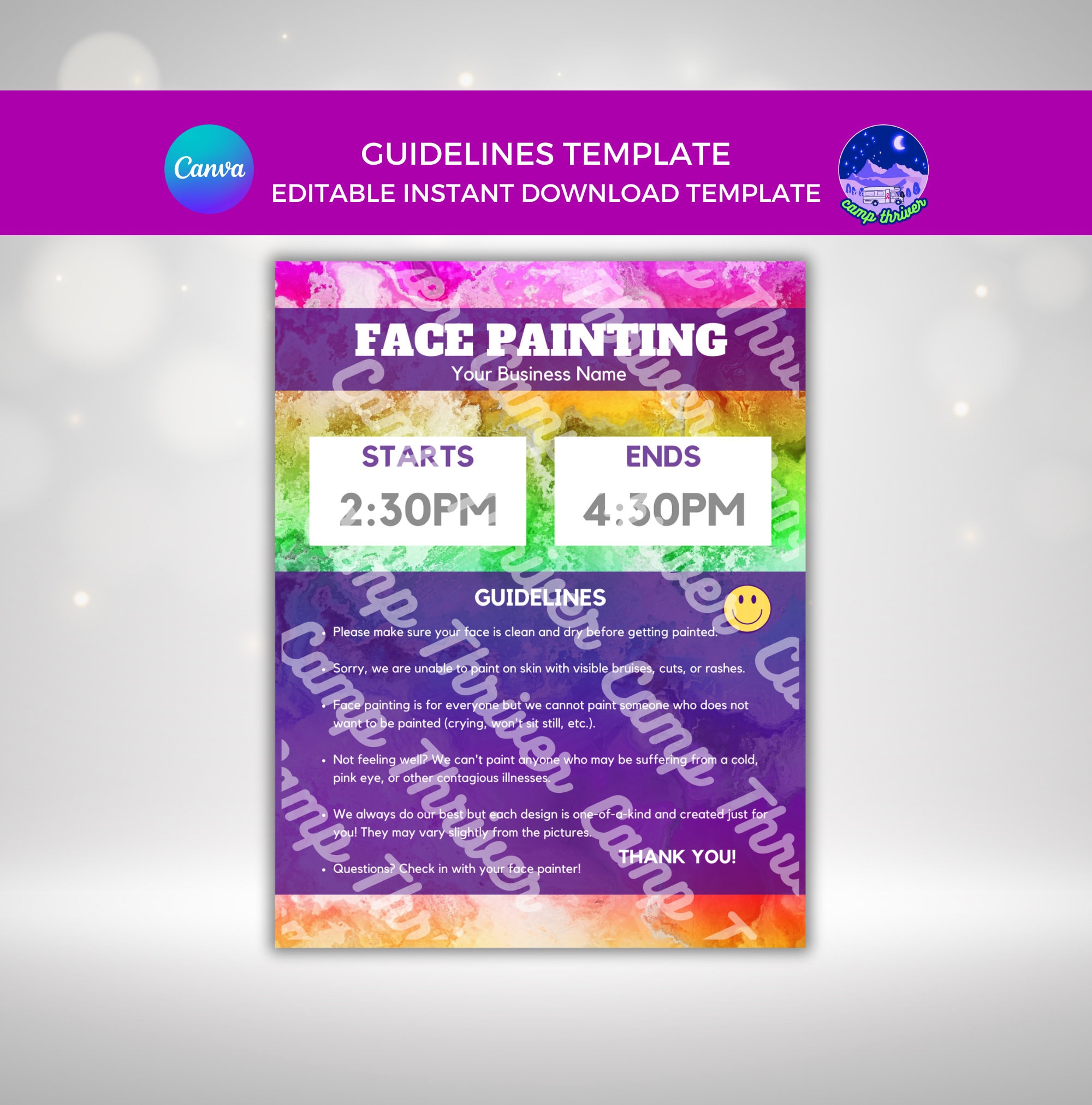 Face Painting Rules, Face Painting Sign, Face Paint Flyer Template ...