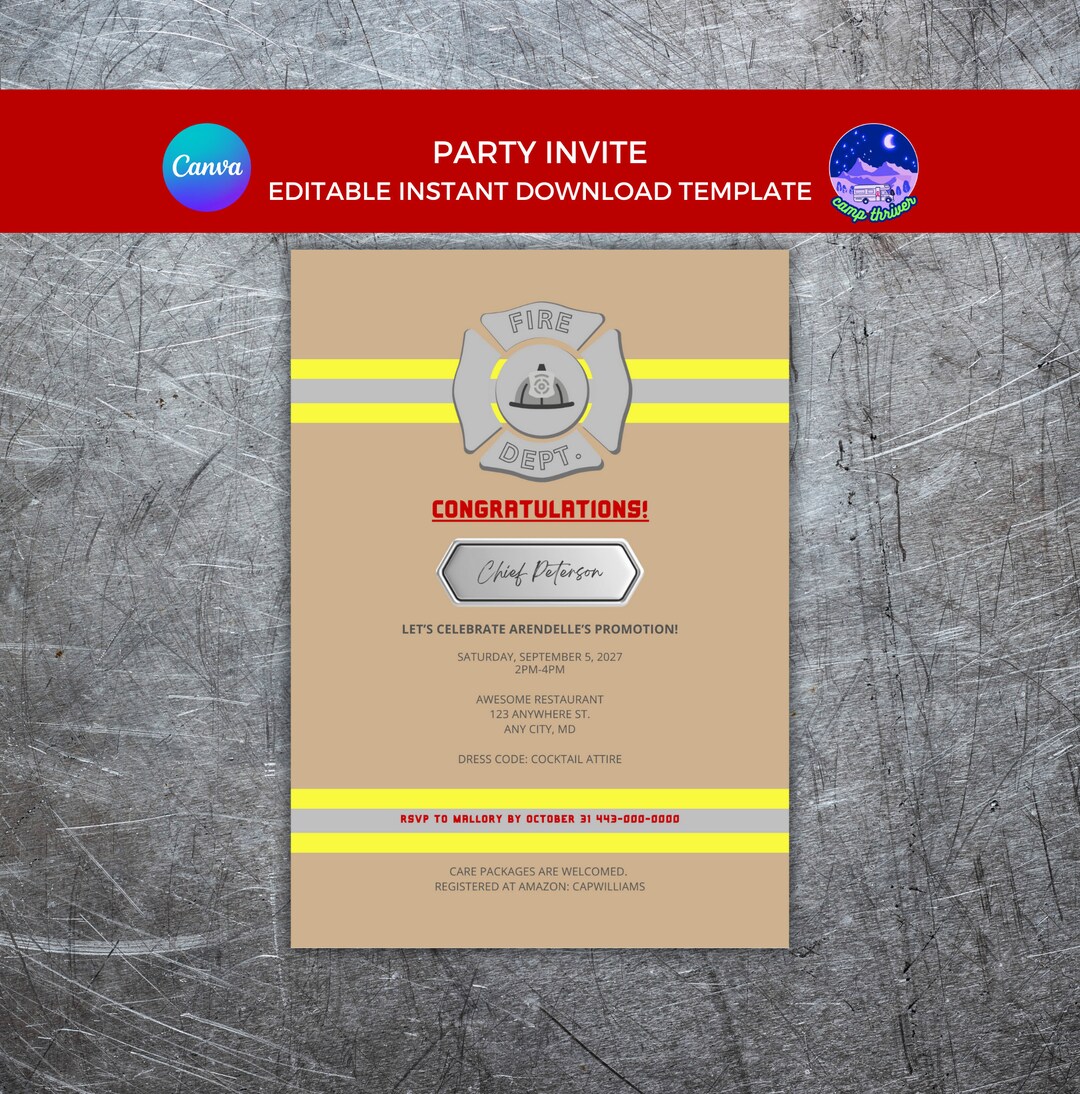 Firefighter Retirement Invitation: Editable and Printable Template ...
