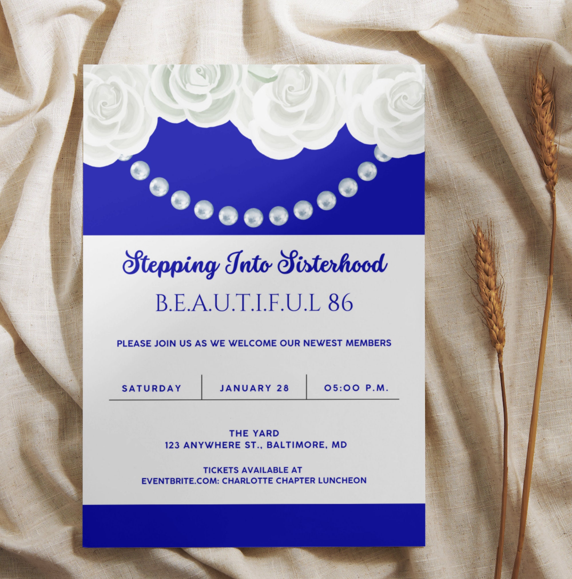 Sorority Probate Invitation: Royal Blue, White, and Pearl (digital ...