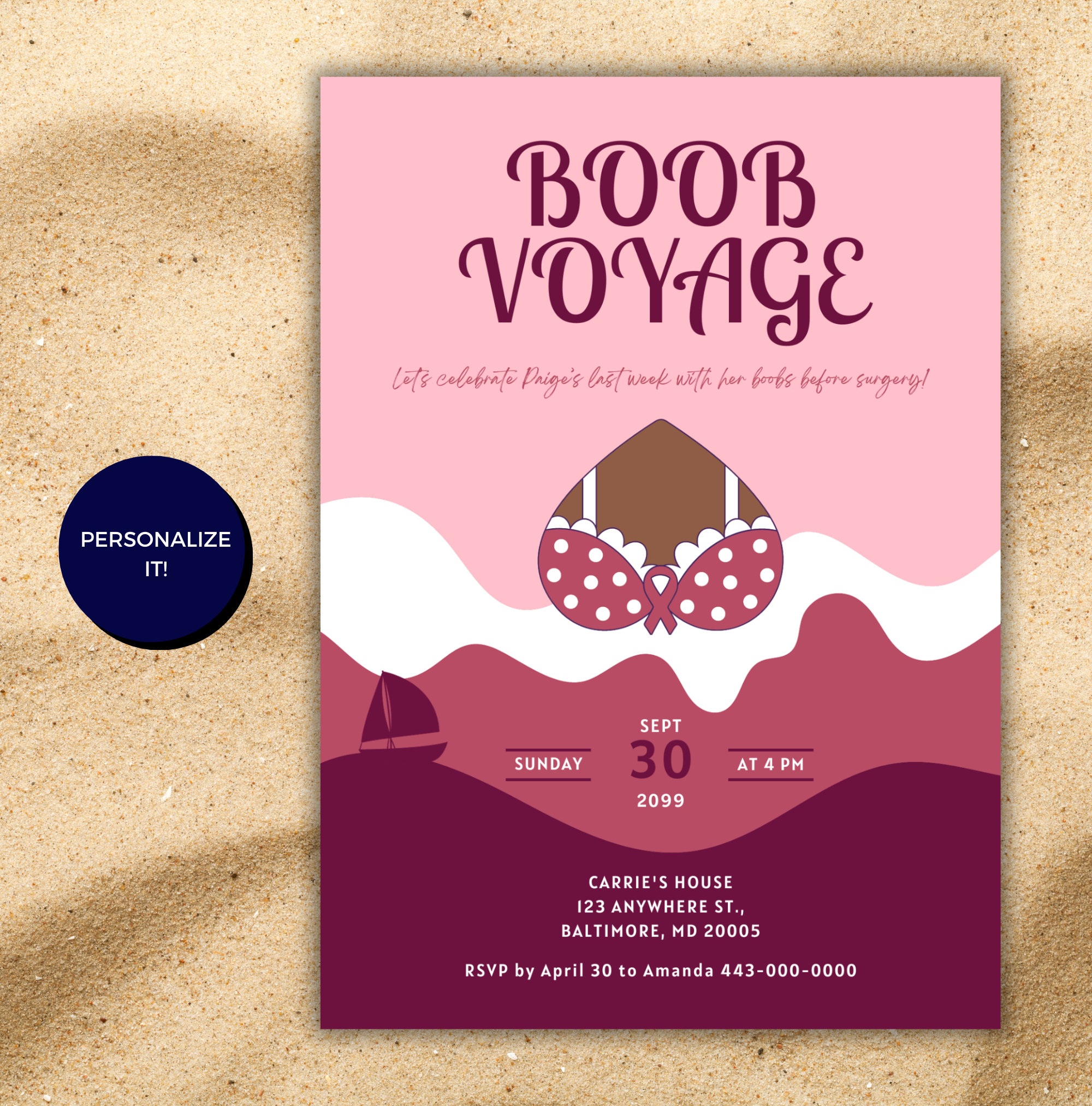 Boob Voyage Party Invitation, Breast Cancer (digital Download) - Etsy
