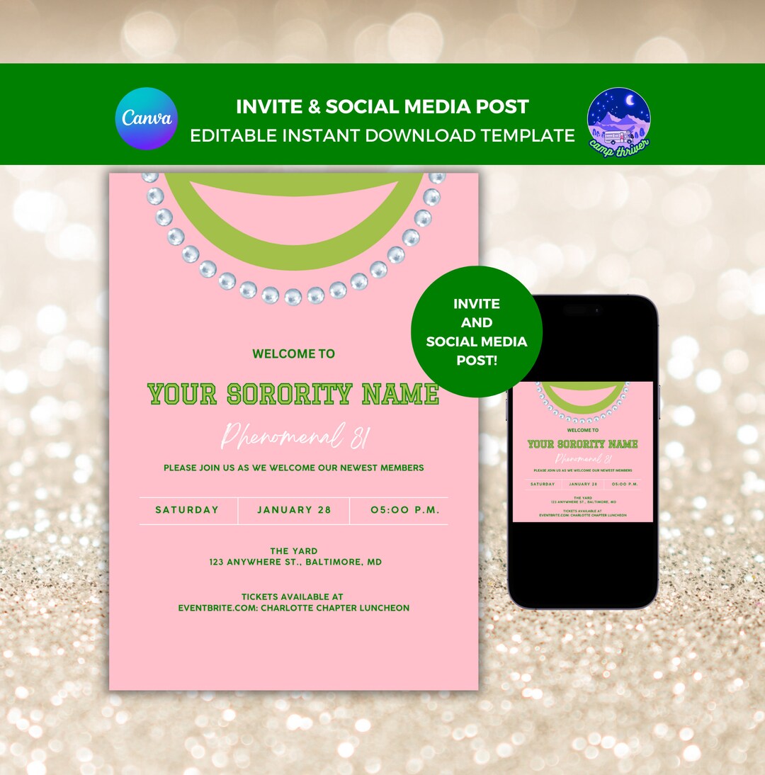 Sorority Probate Invitation: Pink and Green Pearl Invite (digital ...