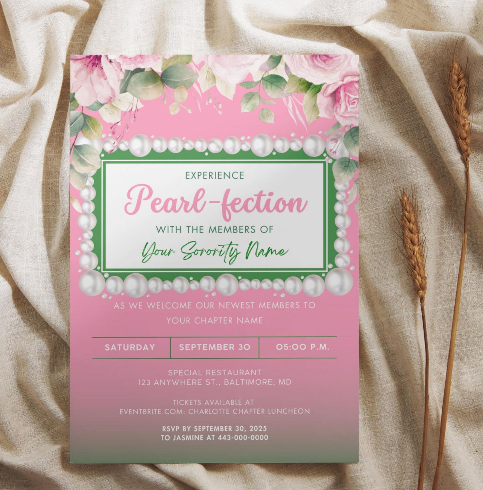 Sorority Probate Invitation: Pink and Green Pearl Design (digital ...