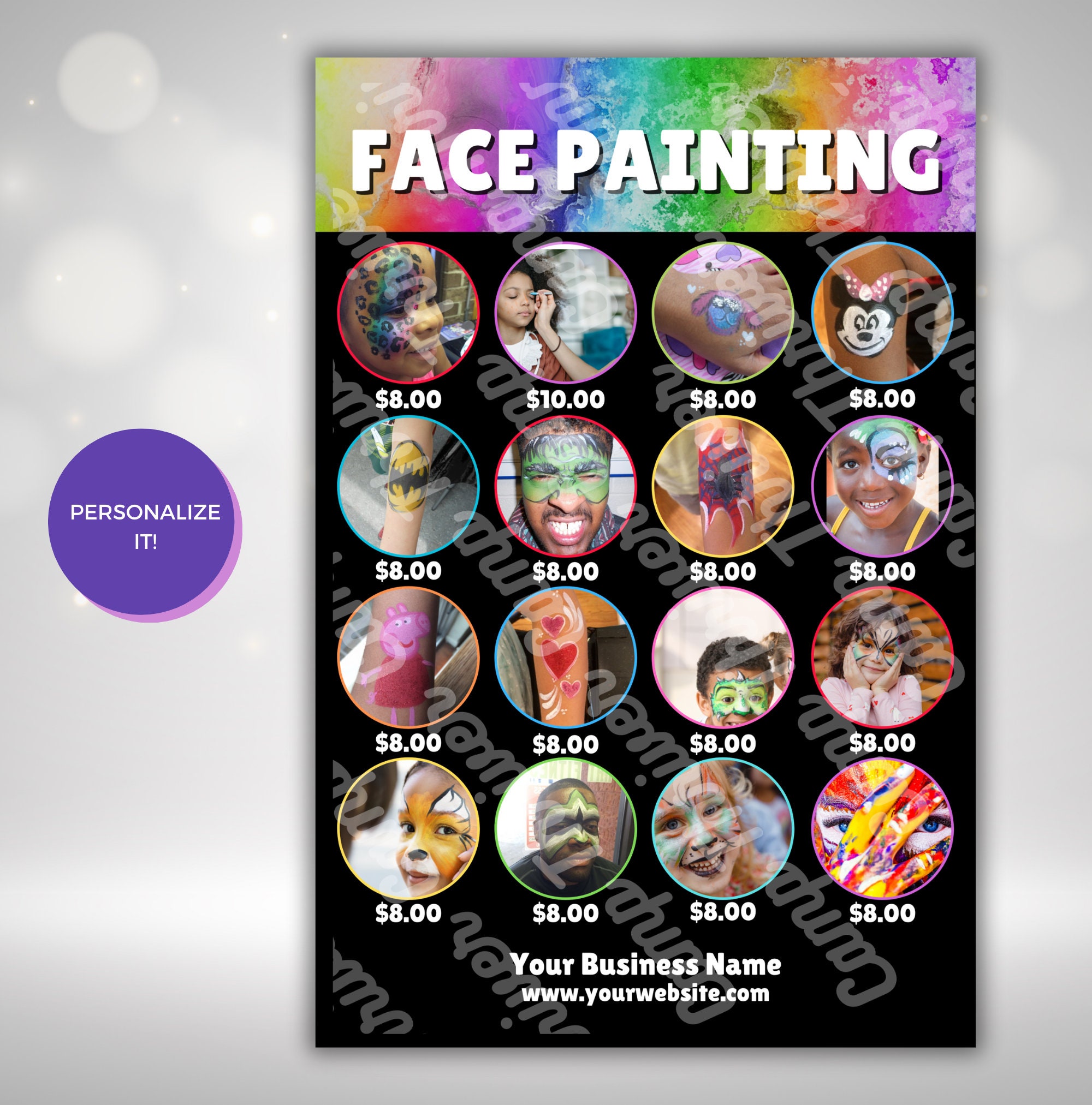 Face Paint Sign Template, Face Painter Price List, Face Painting Price List, Face Paint Chart ...