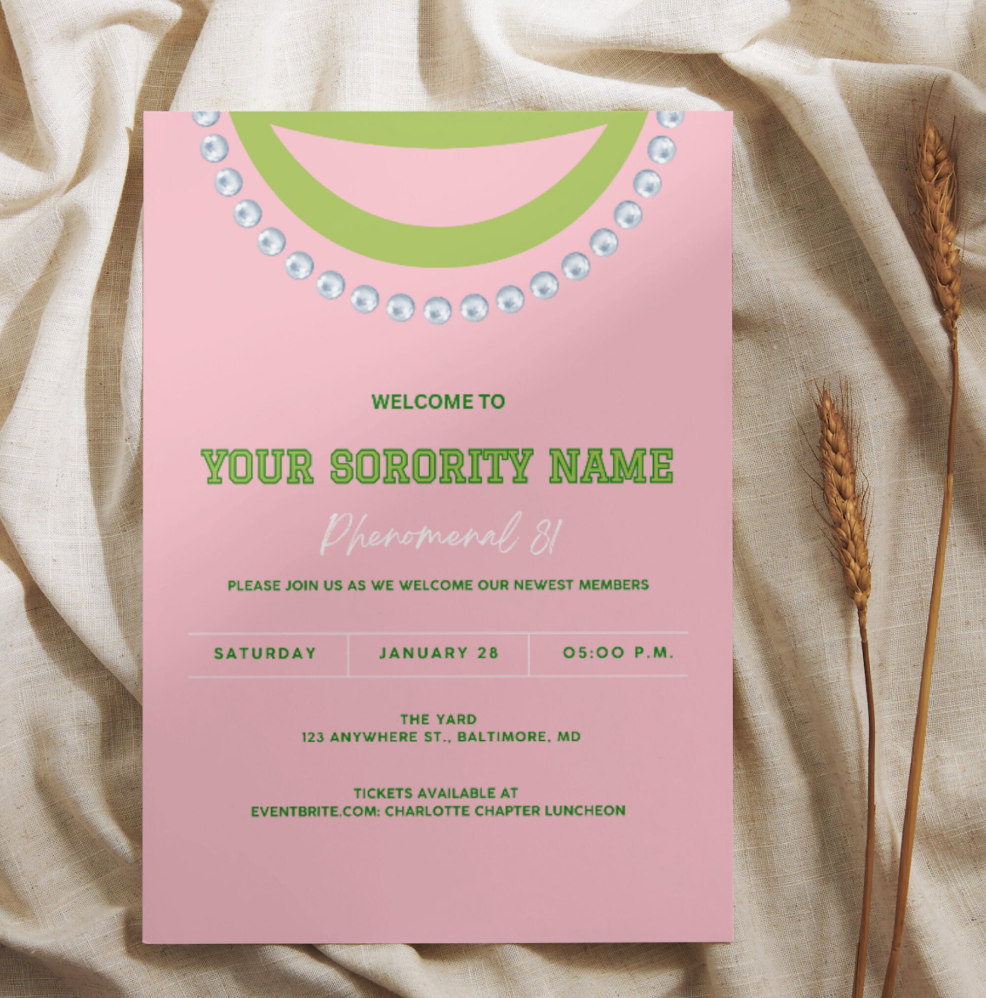 Sorority Probate Invitation: Pink and Green Pearl Invite (digital ...
