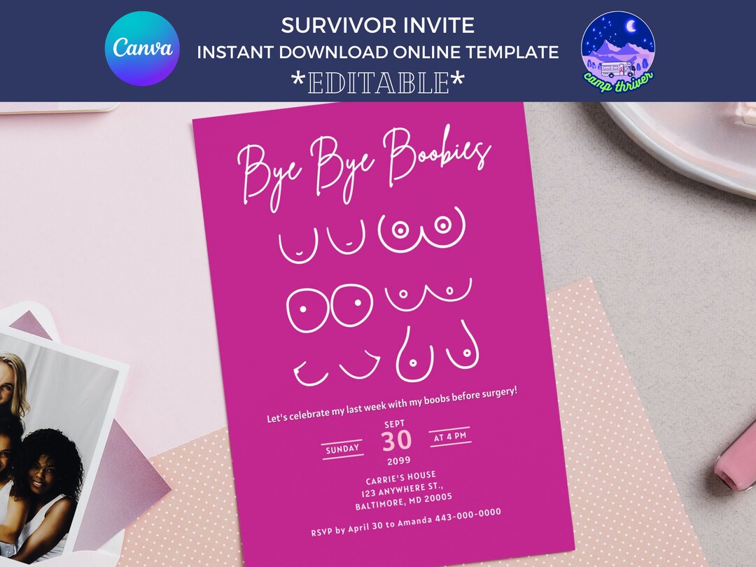 Bye Bye Booby Invite, Breast Cancer Invitation, Breast Cancer Party ...