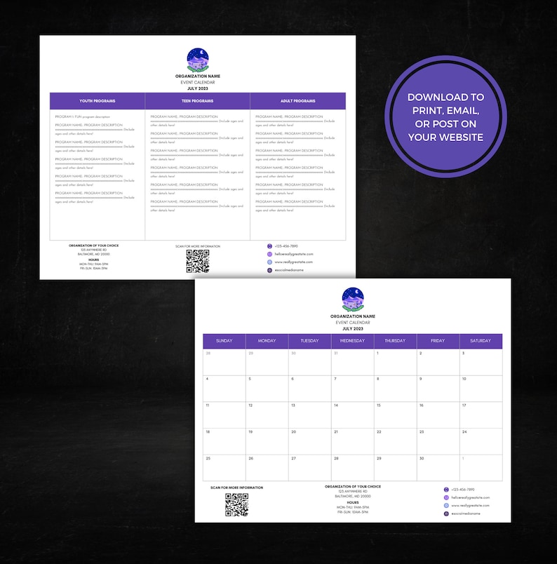 Editable Program Calendar Template: Church, Non-profit, Event (digital ...