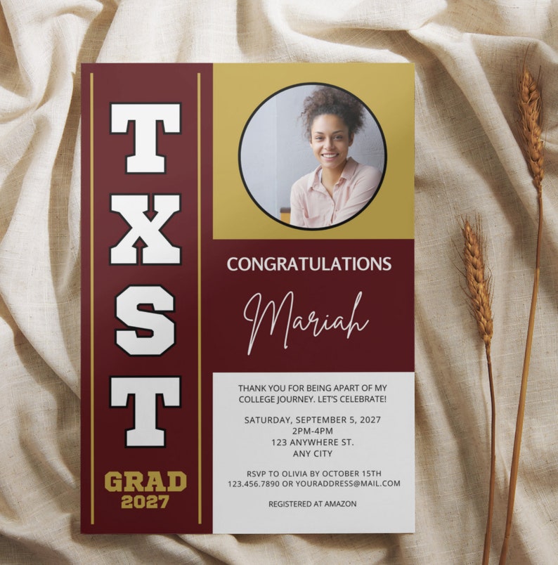 Texas Graduation Invitation, College Grad Invite, Maroon and Gold ...