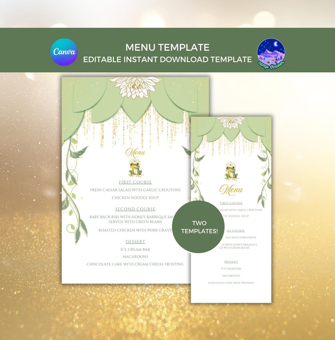 Frog Princess Menu Template: Fairytale Wedding, Quinceanera, Sweet ...