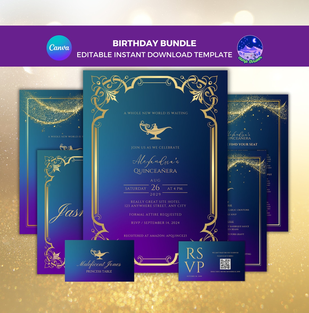 Aladdin Quinceanera Invitation Template Bundle: Arabian Nights ...