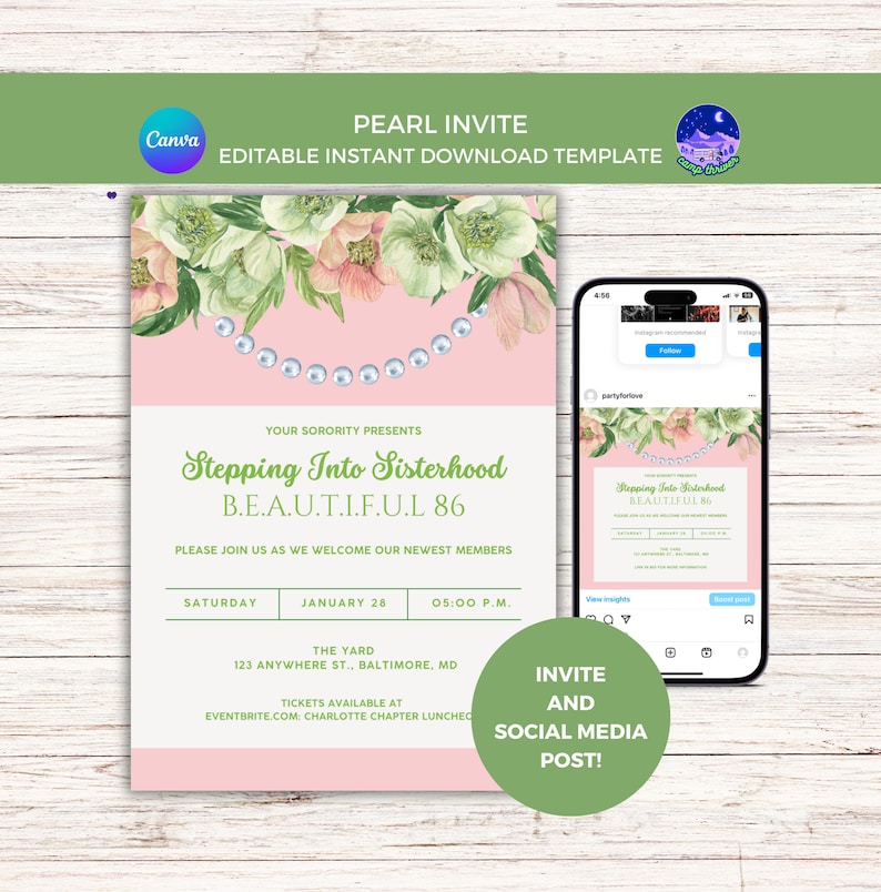 Sorority Probate Invitation: Pink and Green Pearl Theme Design (canva ...