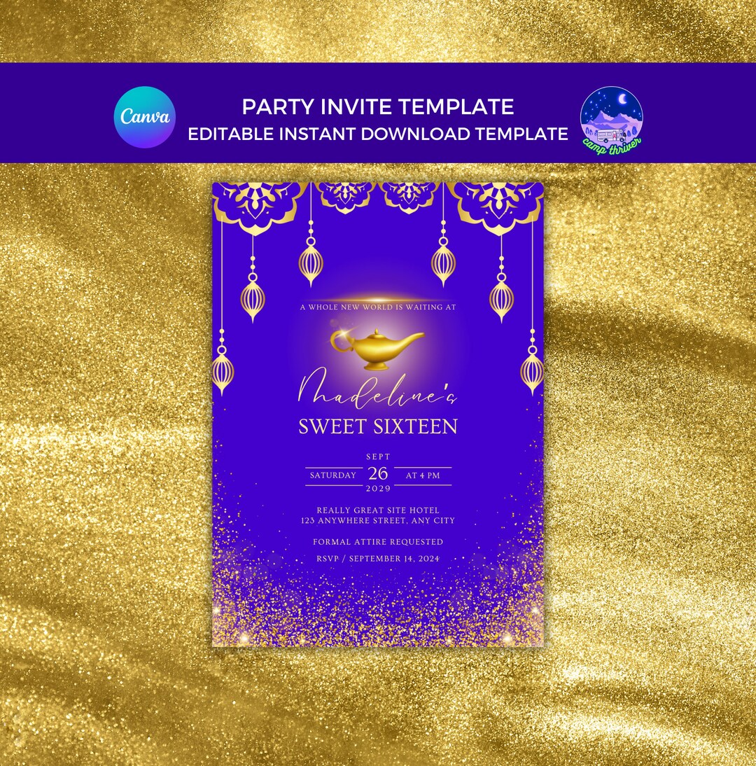 Arabian Nights Sweet Sixteen Invite , Editable Aladdin Invite, Princess ...
