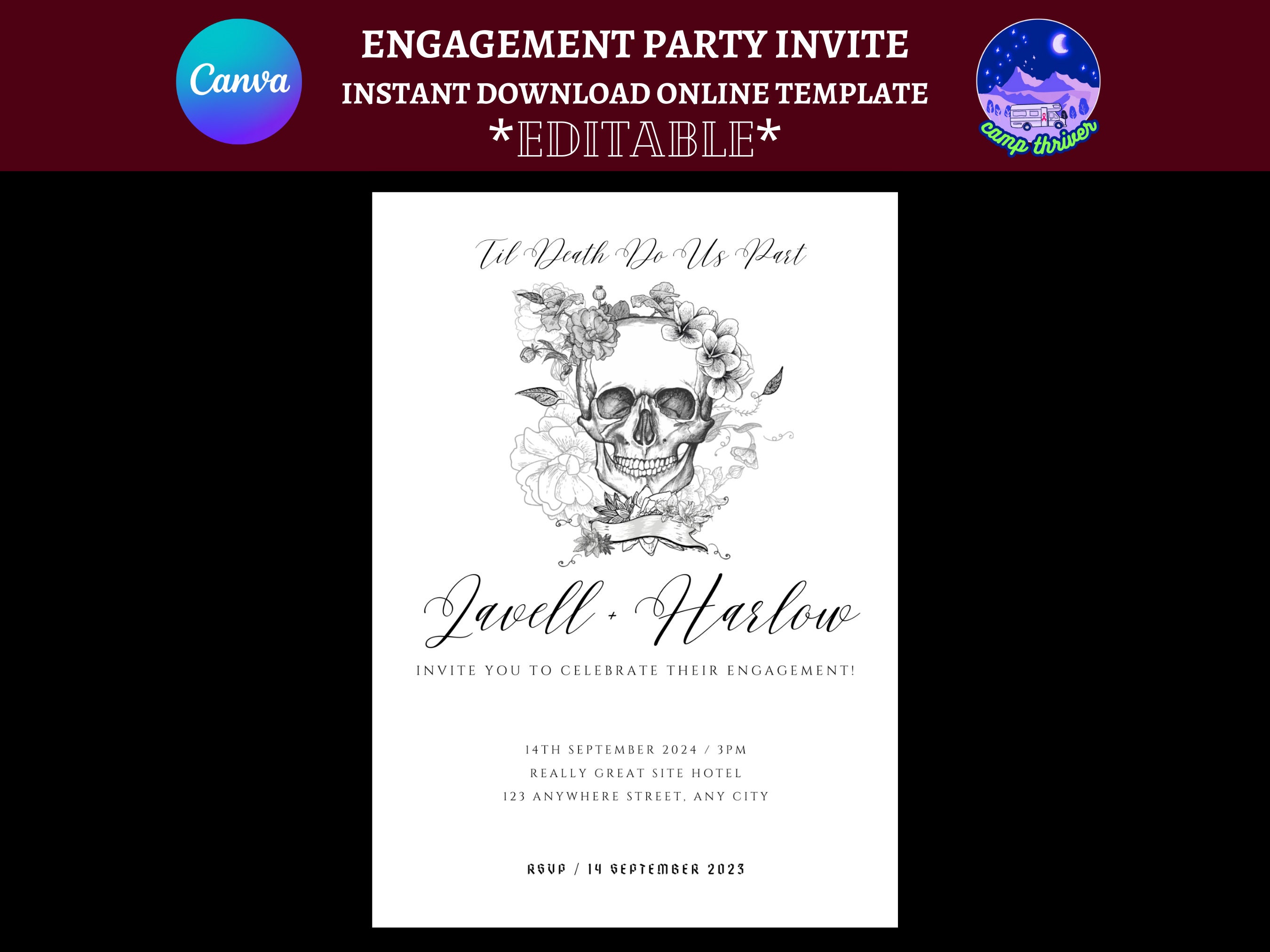 Gothic Engagement Party Invitation, Til Death Do Us Part Invite, Skull ...