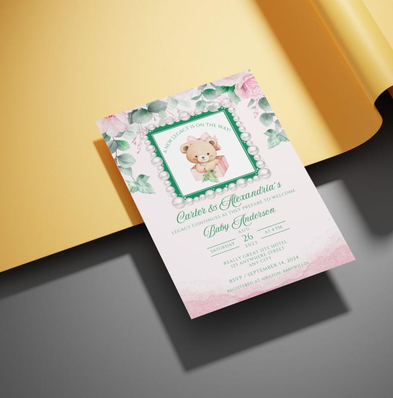Sorority Legacy Baby Shower Invitation: Pink and Green Pearl Theme ...