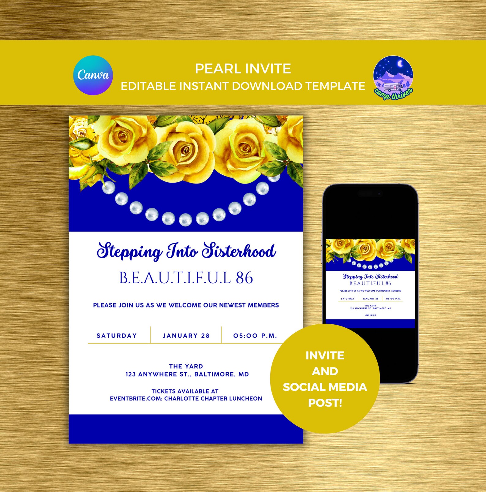 Sorority Probate Invitation Flyer: Royal Blue and Gold Template - Etsy