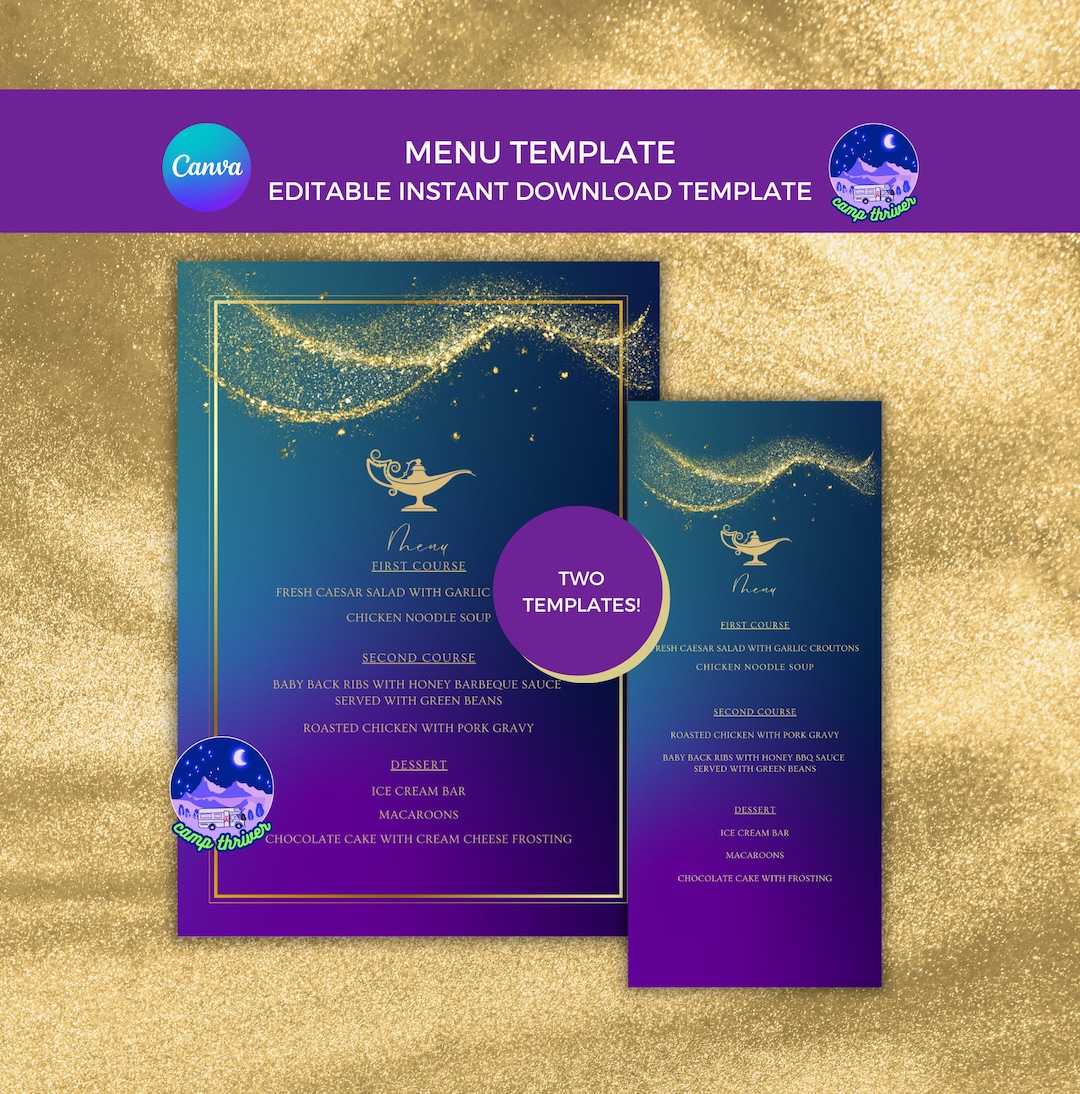 Aladdin Menu Template: Arabian Nights, Princess Wedding (digital ...