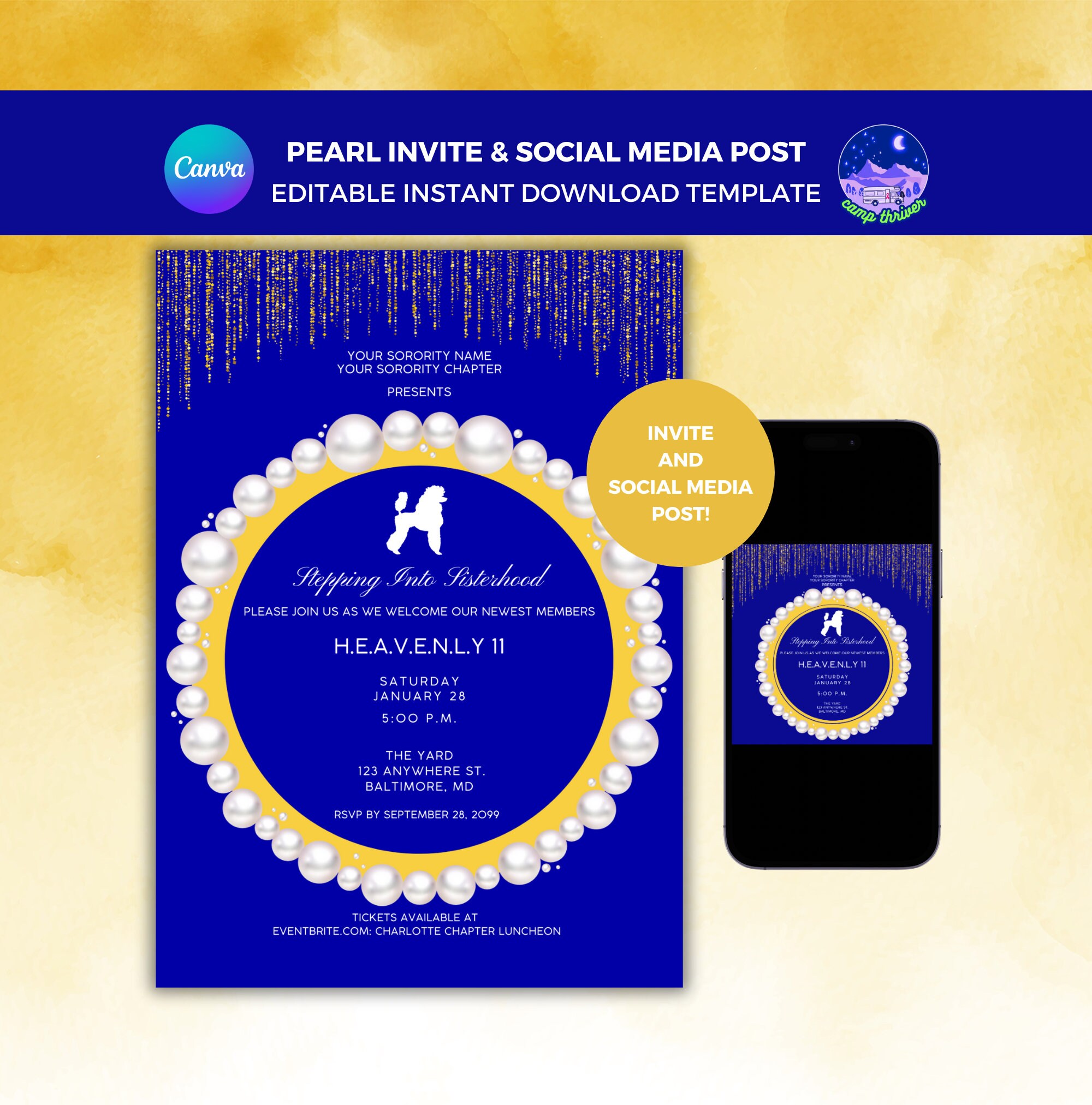 Sorority Invitation: Blue and Gold, Poodle Probate Theme (editable ...