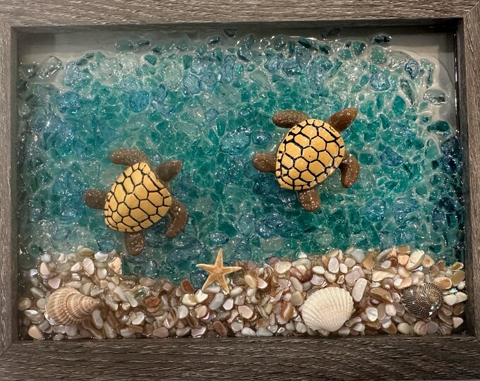 Coastal Art W/ Sea Turtles, Shells and Crushed Glass. 5x7 Wood Frame ...