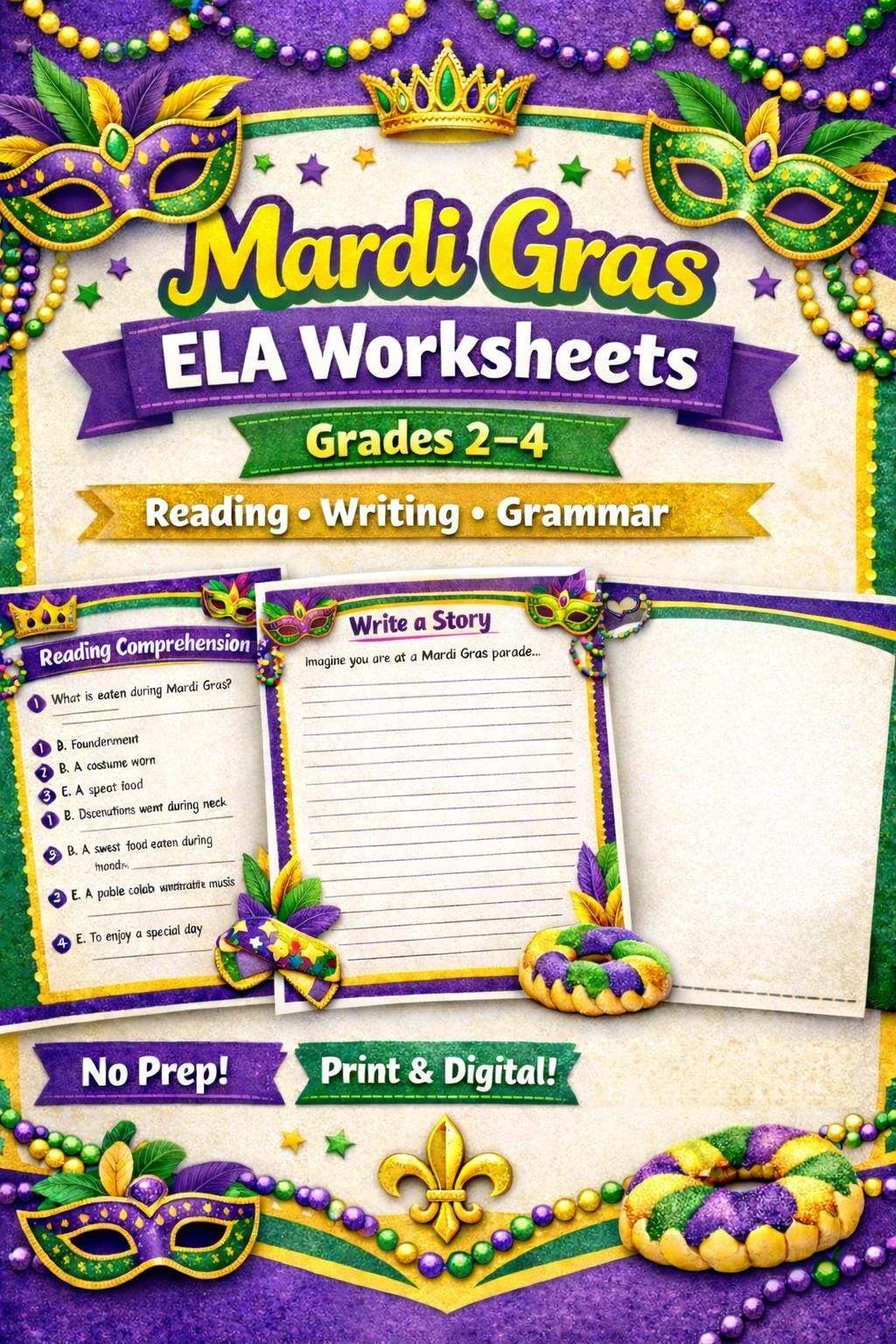 Schede di lavoro ELA per il Mardi Gras / Grammatica di lettura e ...