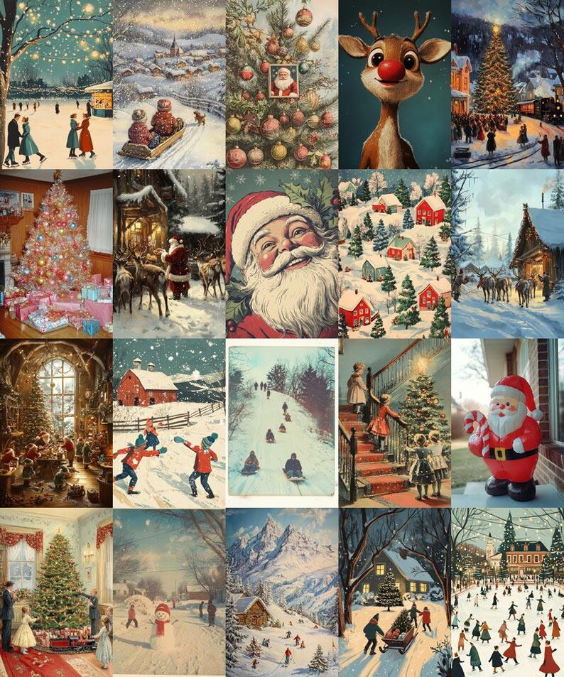 Vintage Christmas Wall Collage Kit | 80 Printable Retro Holiday Photos ...