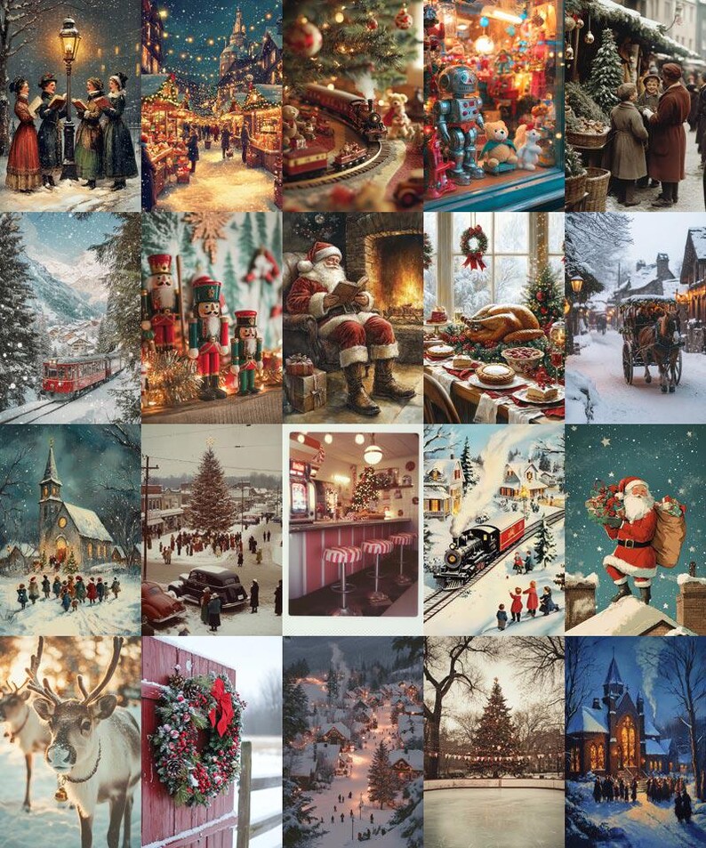 Vintage Christmas Wall Collage Kit | 80 Printable Retro Holiday Photos ...
