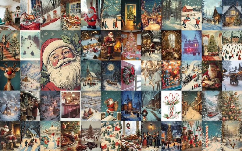 Vintage Christmas Wall Collage Kit | 80 Printable Retro Holiday Photos ...
