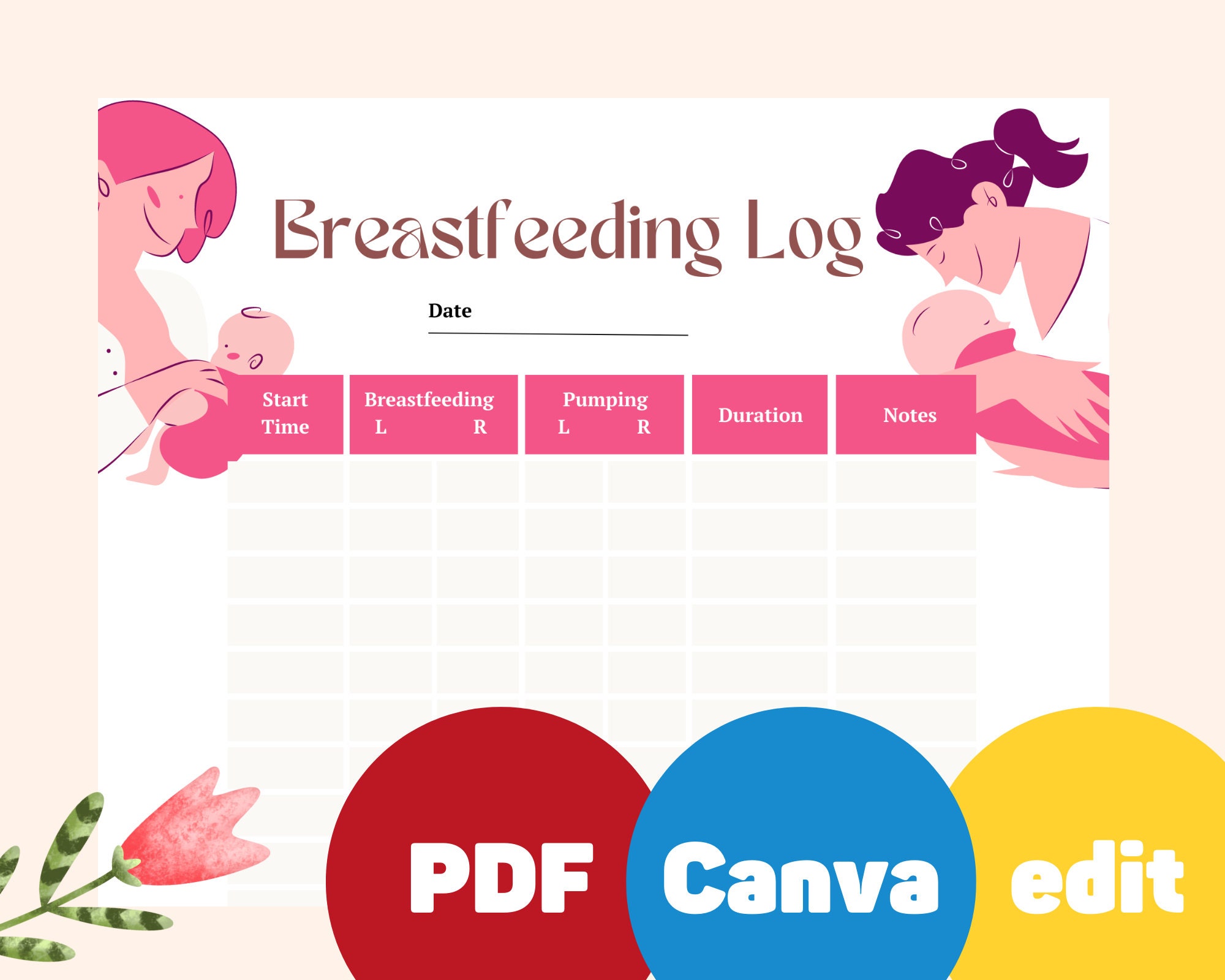 Breastfeeding Tracker - Simple Printable Editable PDF + Canva Editable ...