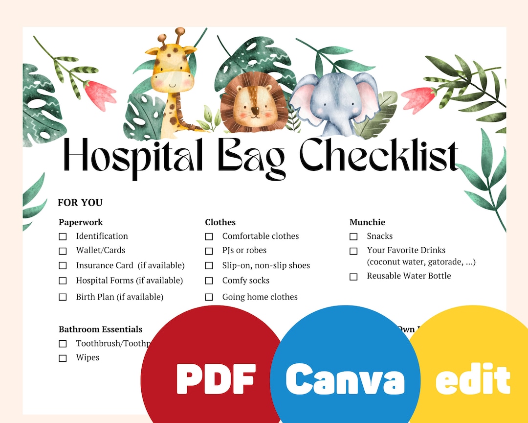 Hospital Bag Checklist - Simple Printable Editable PDF + Canva Editable ...
