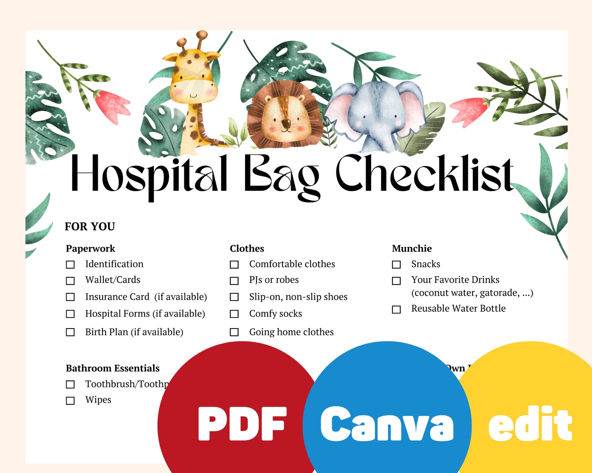Hospital Bag Checklist - Simple Printable Editable PDF + Canva Editable ...