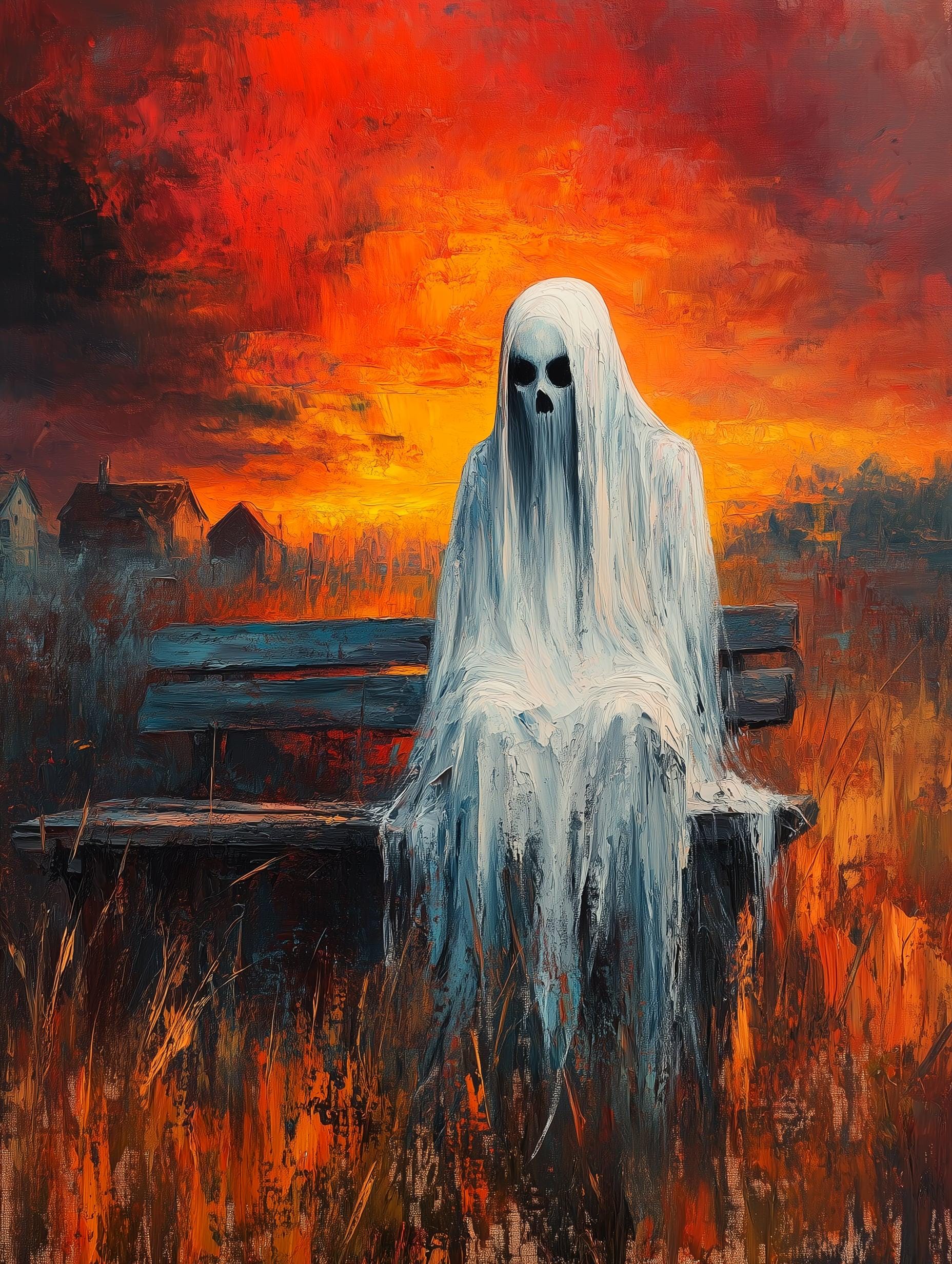 Spooky Ghost on a Bench Haunted Sunset Digital Art Ghost in the Fields ...