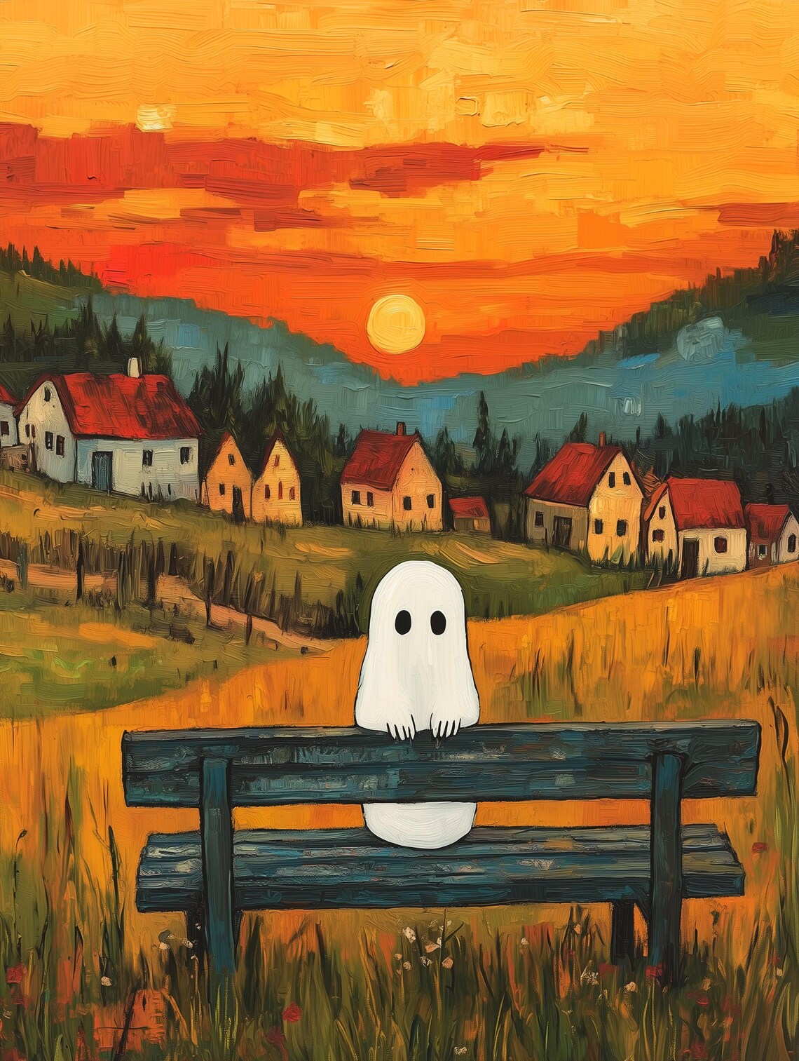 Spooky Ghost on a Bench Haunted Sunset Digital Art Ghost in the Fields ...