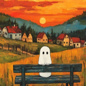 Spooky Ghost on a Bench Haunted Sunset Digital Art Ghost in the Fields ...
