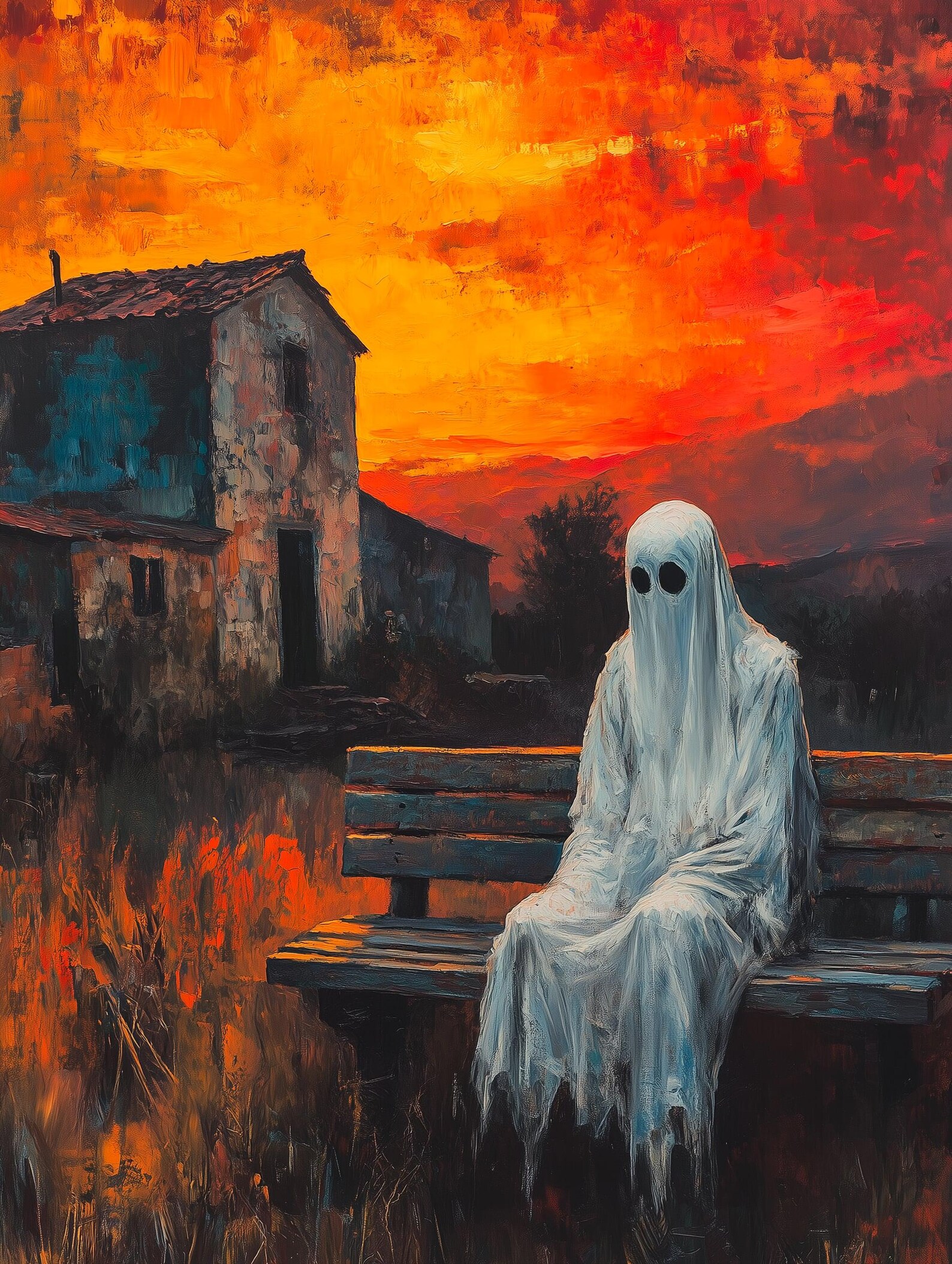 Spooky Ghost on a Bench Haunted Sunset Digital Art Ghost in the Fields ...