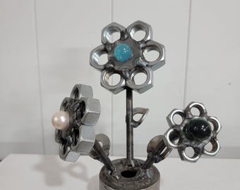 Flowers - Metal Art Made Out of Nuts and Bolts, Metal Base - Etsy