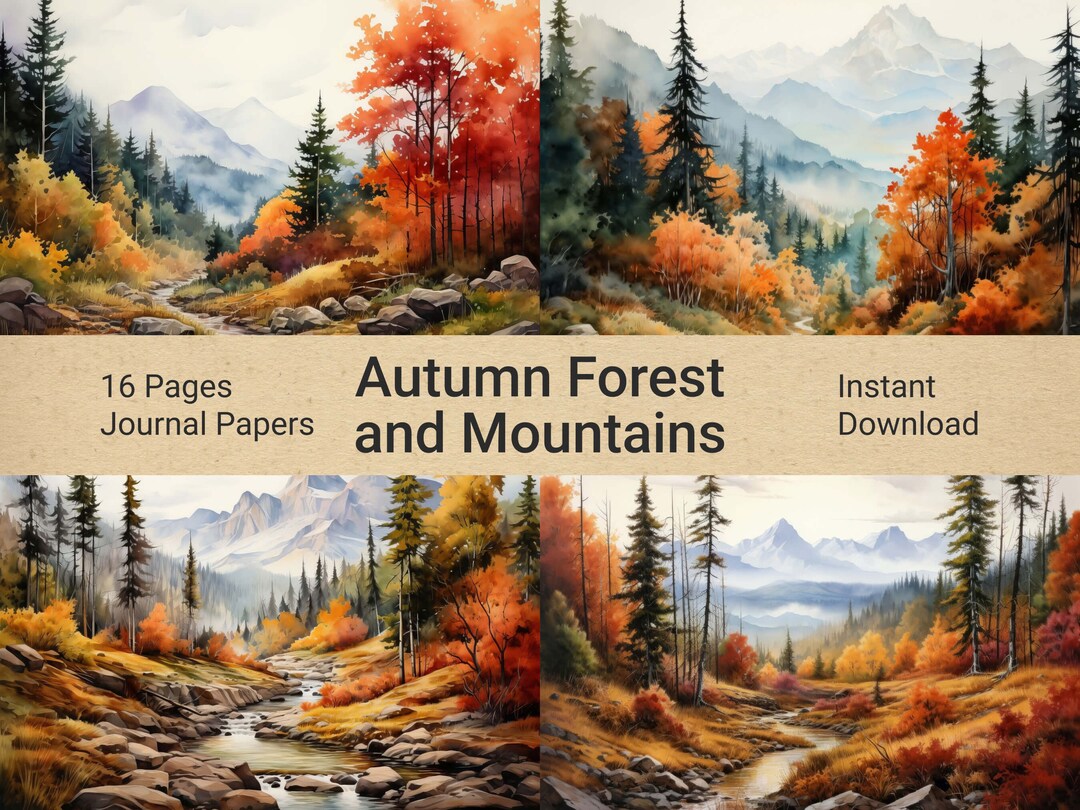 Watercolor Autumn Forest Digital Paper, Printable Mountain Forest ...