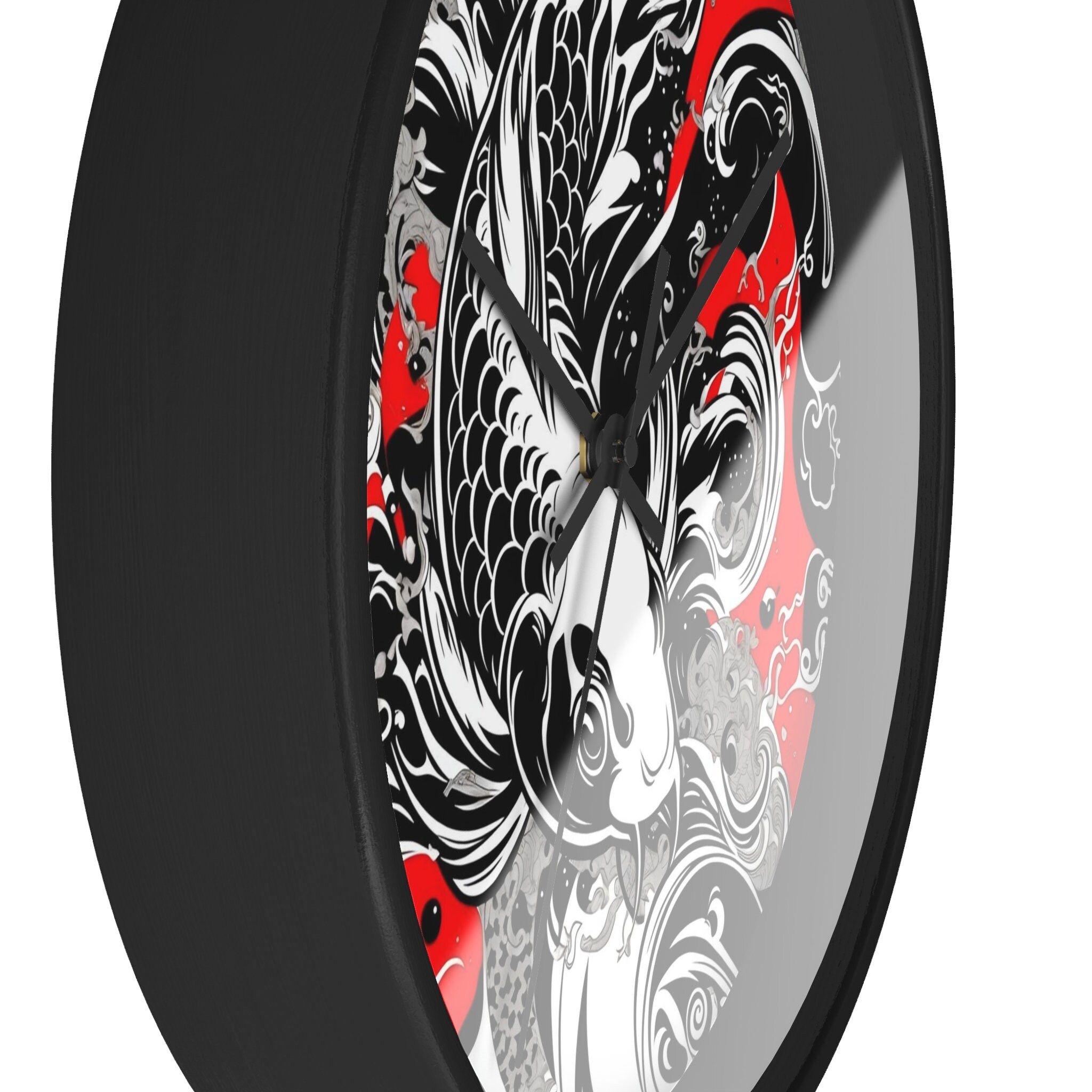 Japanese Koi Ink-style Wall Clock Wooden Frame Color Options 10 Round ...