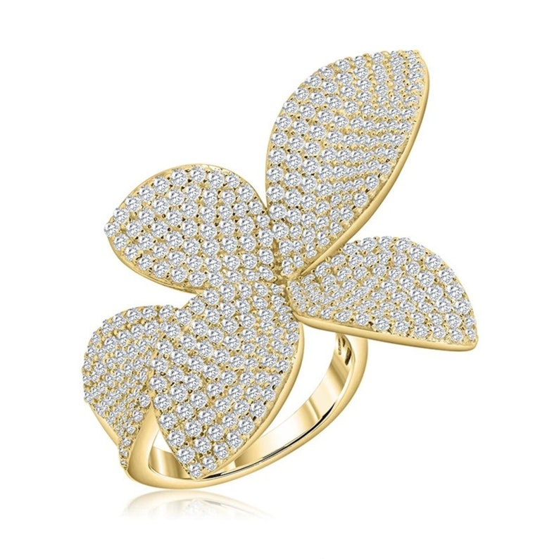 Flower Leaf Pavé Ring With Simulated Diamonds, 18k Real Gold Plated ...