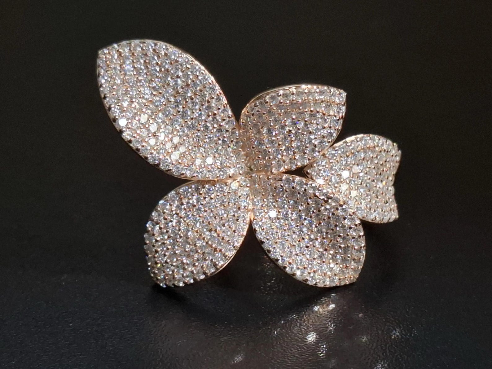 Flower Leaf Pavé Ring With Simulated Diamonds, 18k Real Gold Plated ...