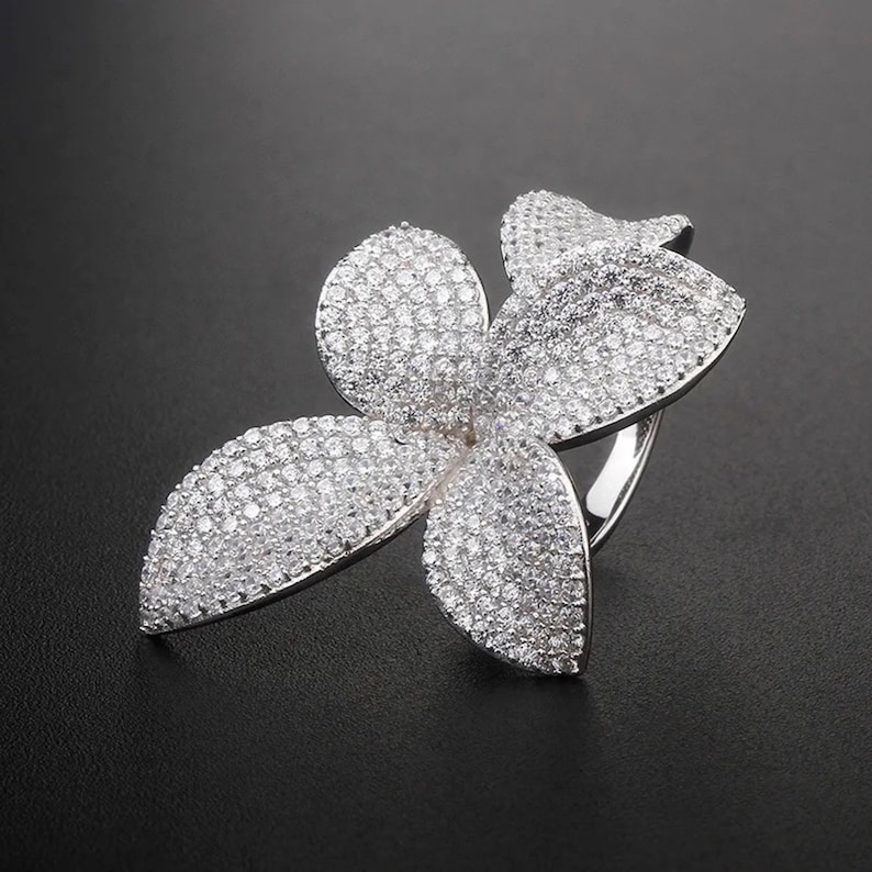 Flower Leaf Pavé Ring With Simulated Diamonds, 18k Real Gold Plated ...