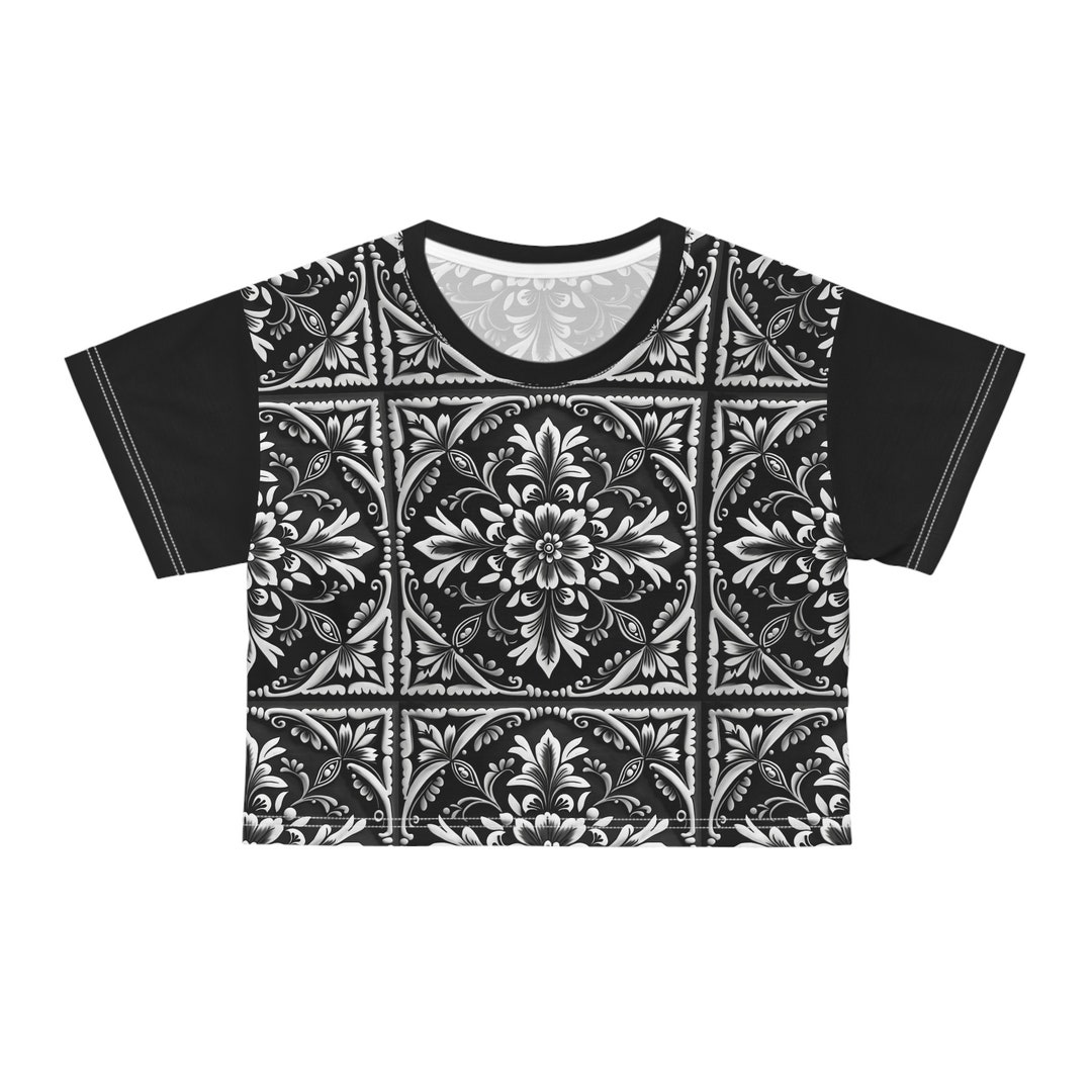 Black and White Mexican Tile Crop Tee - Etsy