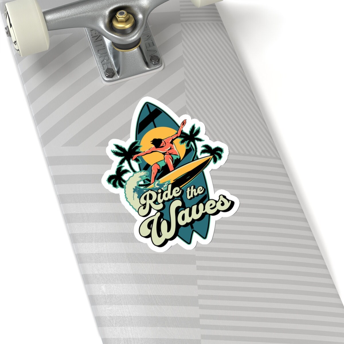 Colorful Surfer Vinyl Sticker Ride the Waves, Sun, Palm Trees, Ocean ...
